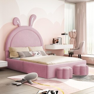 Full Size Upholstered Rabbit-Shape Platform Bed with 2 Storage Stools ...