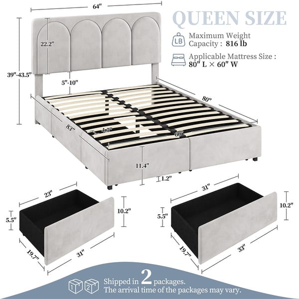 Yaheetech Upholstered Bed Fram with Arch Channel Tufted Headboard and 4 ...