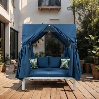 Outdoor 2-Seat Sunbed with Curtains and Cushions, Blue - Bed Bath ...