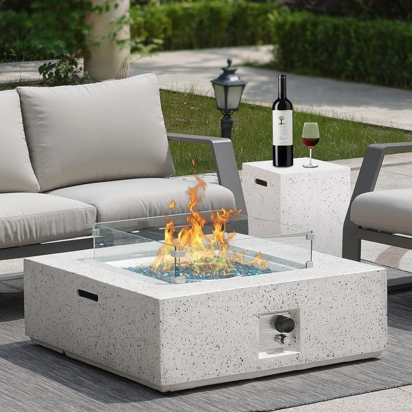 35 Inch Rectangle Terrazzo Fire Pit Table with Glass Wind Guard and ...