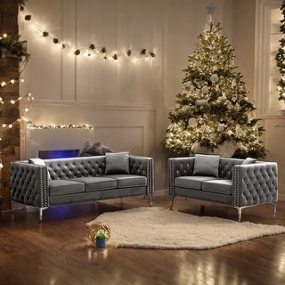 2 Piece Velvet Sofa Set Tufted Back Sofa and Loveseat with Jeweled ...