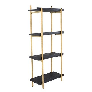 44 Inch Modern Wood Four Tier Shelf, Natural Rattan Braiding, Gold ...