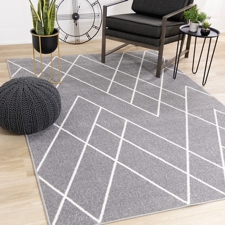 Covington Collection - Grey/White Geometric Lines Rug - Bed Bath ...