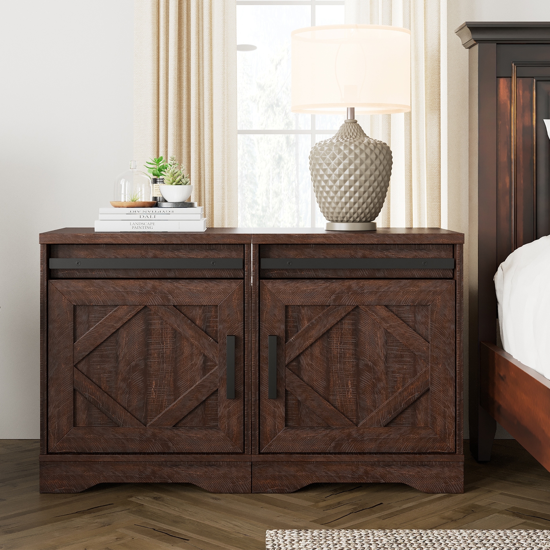 WAMPAT 2 Pack End Table Pedestal Side Table with Drawer and Cabinet