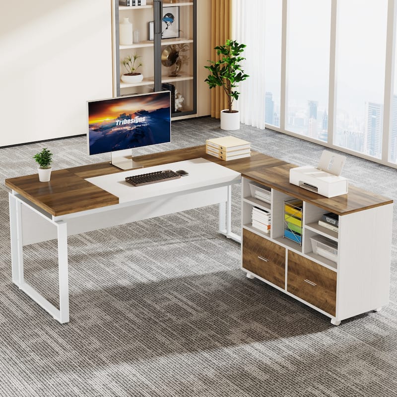 Reversible L Shaped Desk With File Drawers, Corner Computer Desk - On ...
