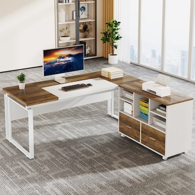 63" L-Shaped Corner Executive Computer Desk and Rolling File Cabinet ...