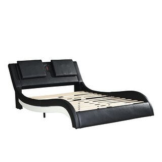 Black Leather Curve Design Upholstered Sleigh Bed Frame Wood Slat ...