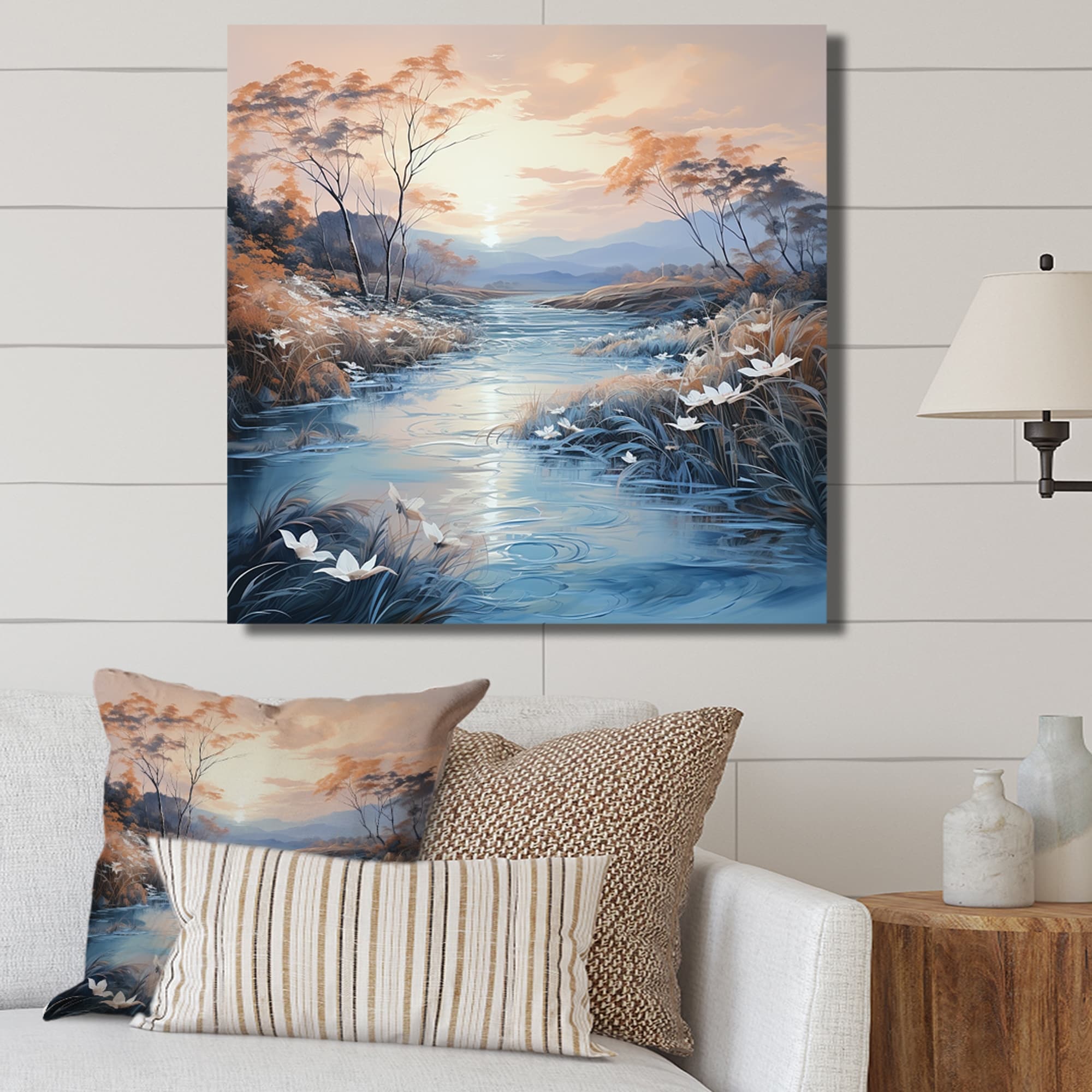 Designart "Grey And Blue Abstract Lake Painting" River Wall Art Canvas ...