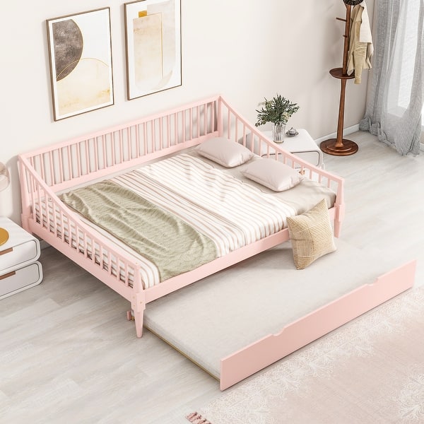 Pink Full Size Daybed Wood Bed Frame with Pull-Out Trundle Bed - Bed ...