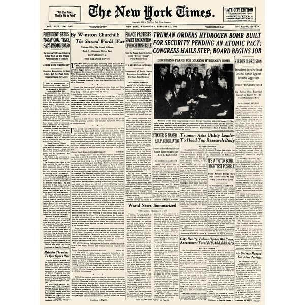 Hydrogen Bomb 1950. /Nfront Page Of The New York Times 1 February 1950 ...