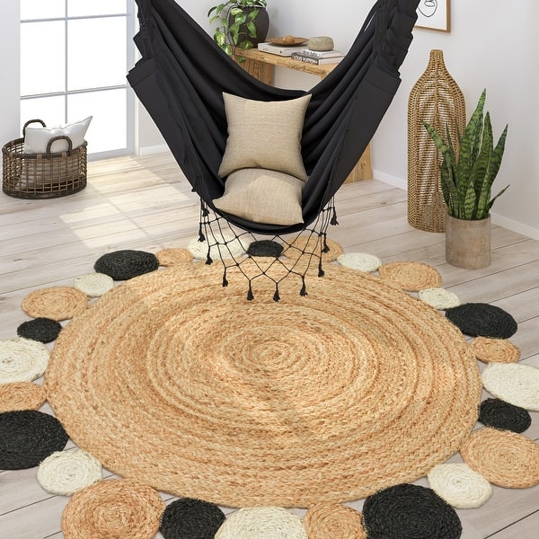Hand-Woven Jute Rug Round with Natural Jute Fibers and Circles - Bed ...