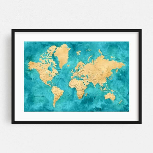 Teal Watercolor and Gold World Map with Cities Maps Art Print/Poster ...