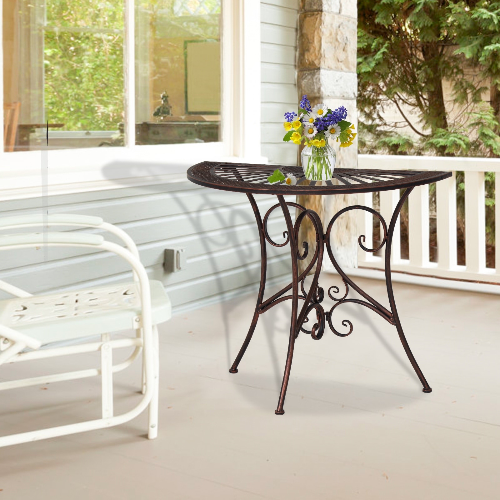 Kinbor Half moon Outdoor Patio Table Semi circular Side Table Retro Metal Coffee Table for Backyard Lawn Balcony Gold