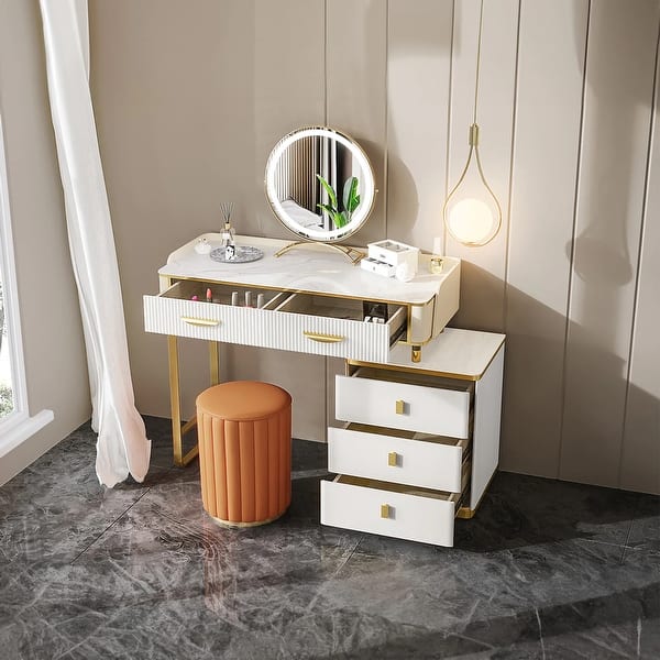 5-Drawer Vanity Table Set, Sintered Stone Dressing Table & Stool - Bed ...