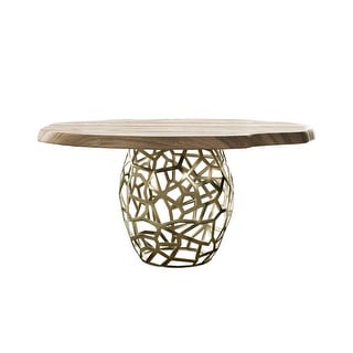 63" Acacia Live Edge Golden Brass Geometric Base Round Dining Table ...