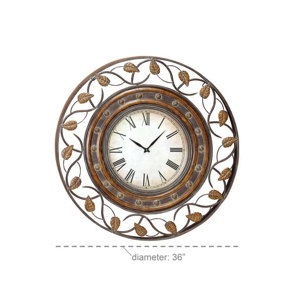 Brown Metal Medallion Leaf Decorative Wall Clock with Scrolled Vines ...