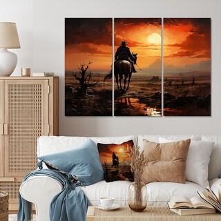 Designart "Cowboy Sunrise On The" Cowboys Canvas Wall Art Set - Bed ...