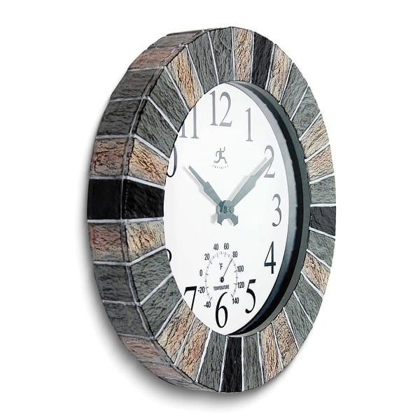 Curata Faux Slate Stone Indoor and Outdoor Wall Clock with Thermometer ...
