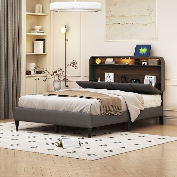 Full Size Upholstered Platform Bed Frame w Storage Headboard Sensor Light A Set of Sockets USB Port Linen Fabric Bed Frame Gray