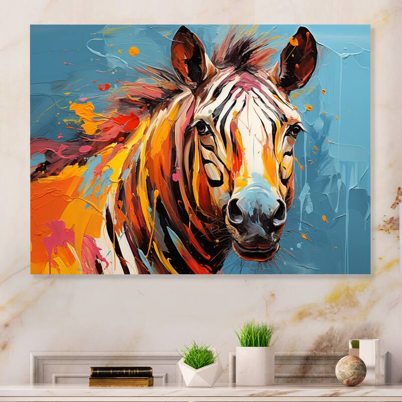 Designart "Blue Orange Popart Zebra I" Animals Zebra Metal Wall Art ...