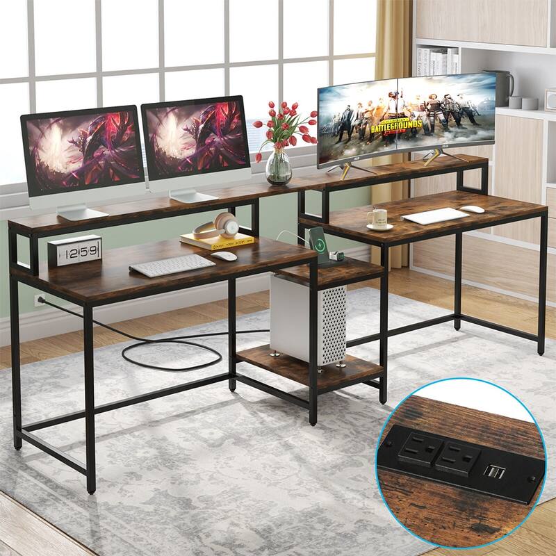 Rustic Long Computer Desk with Power Outlet 2 Person Workstation Brown ...