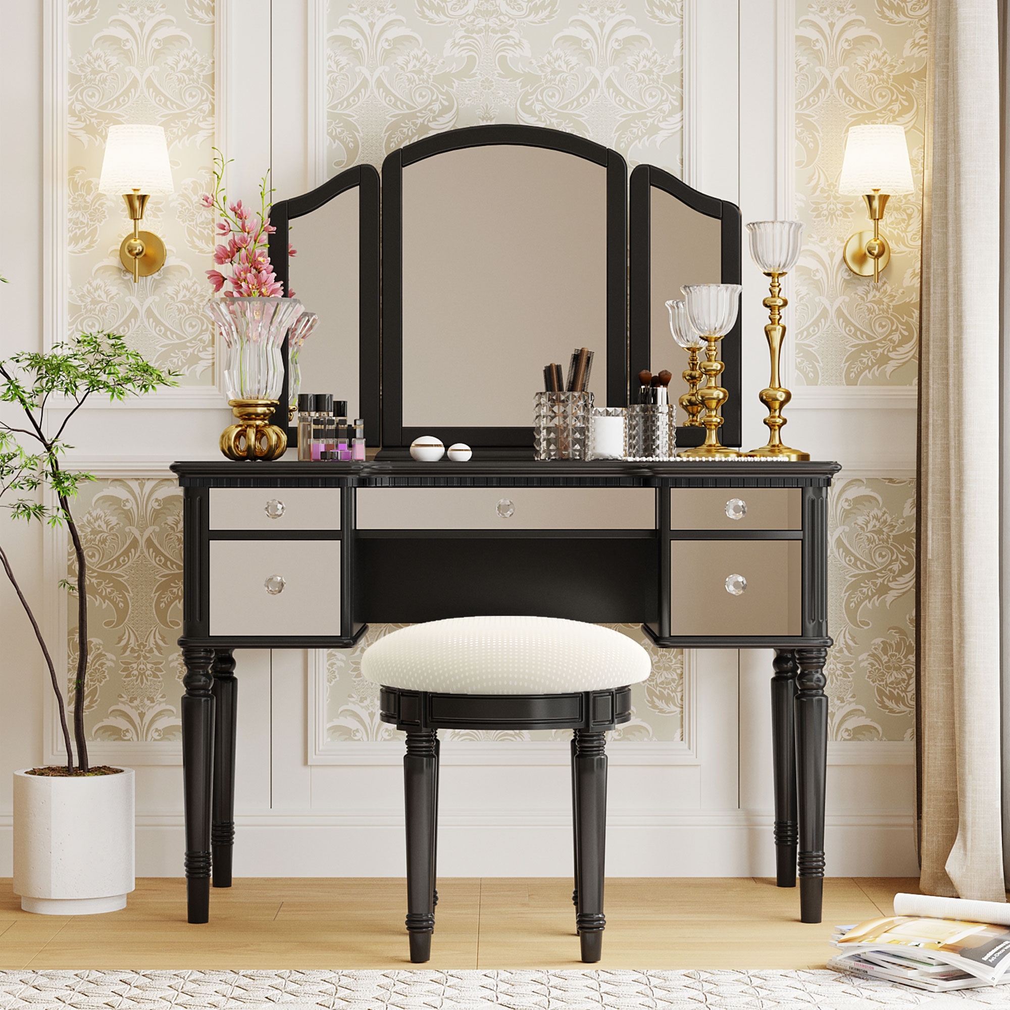 43 Dressing Table Set with Mirrored Drawers and Stool Tri fold Mirror Makeup Vanity Set for Bedroom Black