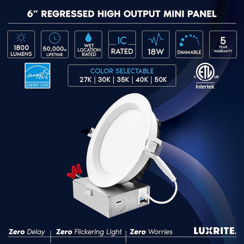 Luxrite 6" LED Recessed Ceiling Light J-Box 18W 5 Color Selectable ...