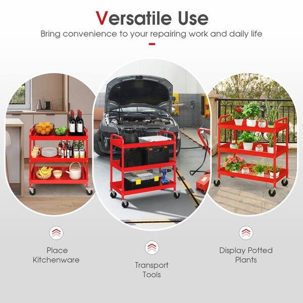 3-Tier Metal Utility Cart with Lockable Casters and Handles-Red - 28.5 ...