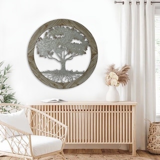 Metal Tree of Life with Roots Wall Decor with Round Wood Frame - Bed ...