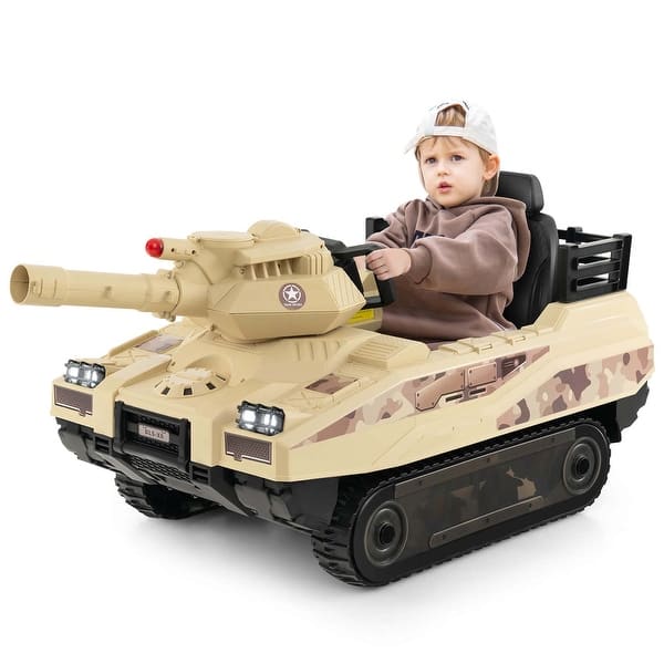 Costway Electric Kids Ride On Tank with Rubber Tracks Rotatable Turret ...
