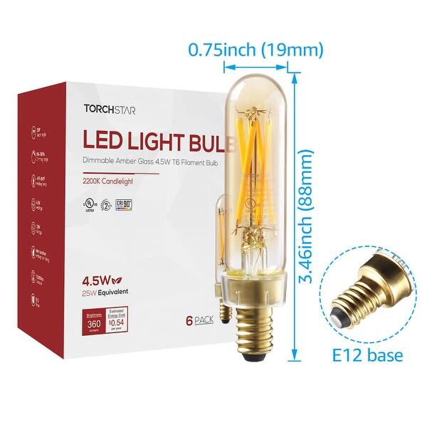 Dimmable T6 Tubular LED Bulb, E12 Candelabra Light, 2200K Amber Warm ...