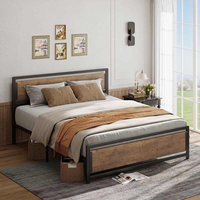 King Size Metal Bed Frame with Wooden Headboard & Footboard, Black - On ...
