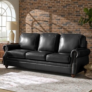 Lina Genuine Leather Traditional Rolled Arms Sofa with Nailhead Trims ...