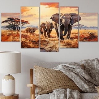 Designart "African Elephant Prairies I" Animals Metal Wall Art Set ...
