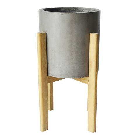 Modern Concrete Round Planter with Cross H Wood Base, Brown and Gray ...