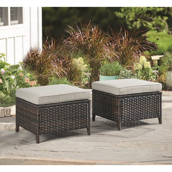 Gymojoy Outdoor Rattan Wicker Ottomans with Grey Cushion (Set of 2 ...