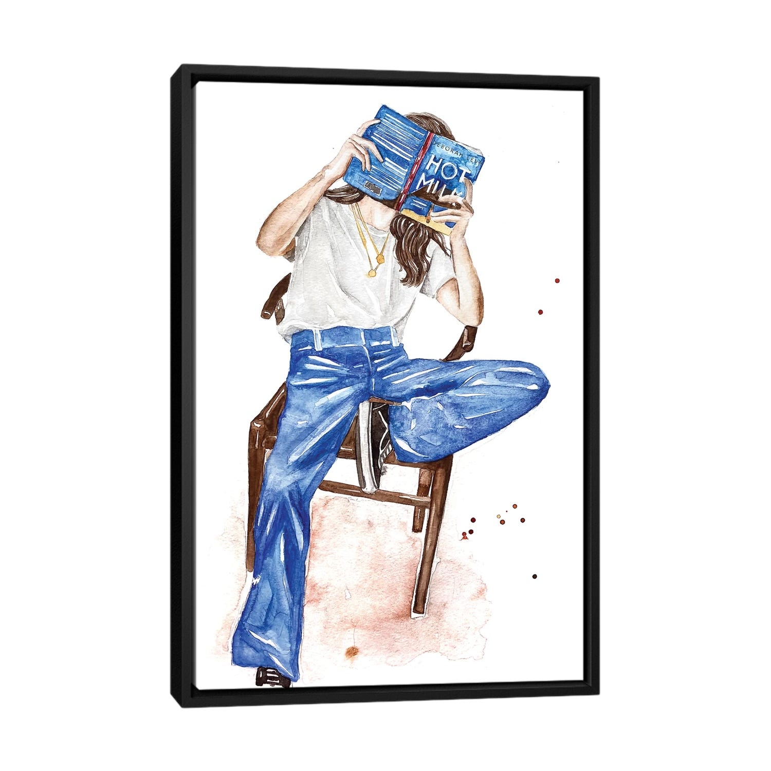 Icanvas 7 Stylish Woman In Jeans With Hot Milk Book By Olga Cree Framed Canvas Print Bed