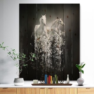 Designart 'Fantasy White Horses On Black' Traditional Wood Wall Art ...