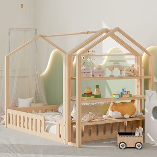 Full Size Wood House Bed with Fence and Detachable Storage Shelves ...