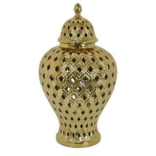 Deni 18 Inch Temple Jar, Pierced, Carved Lattice Design, Lid, Gold ...