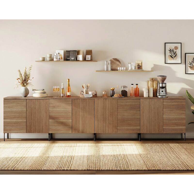 126" Wooden Fluted Sideboard with 8 Doors and Adjustable Shelves, 4-In ...