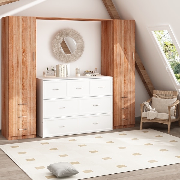 Modern Wood Full Murphy Bed Chest in White Finish Dresser 2 1 Cabinet 55.1 x76.4