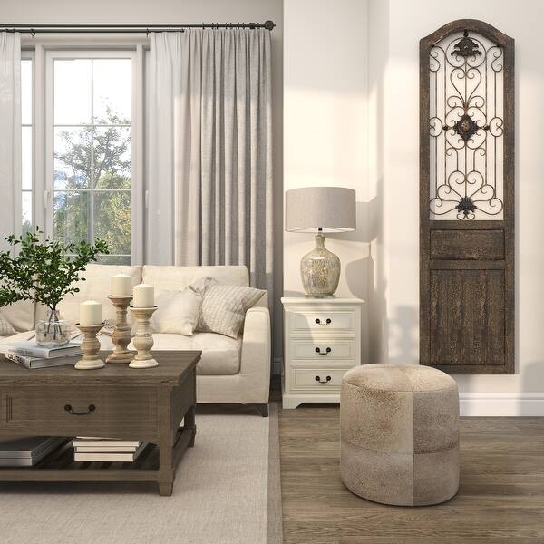 Brown Wood Distressed Door Panel Scroll Home Wall Decor with Metal Wire ...