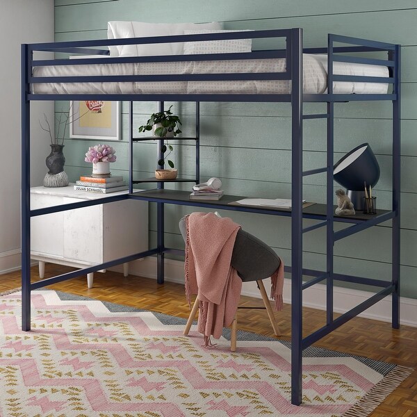 Novogratz Maxwell Metal Full Loft Bed with Desk Shelves Navy Black