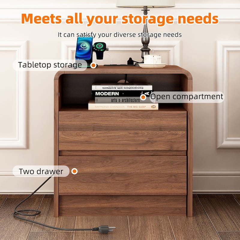 25" Tall Modern Nightstand with Charging Station, 23.6" Wide Wood ...