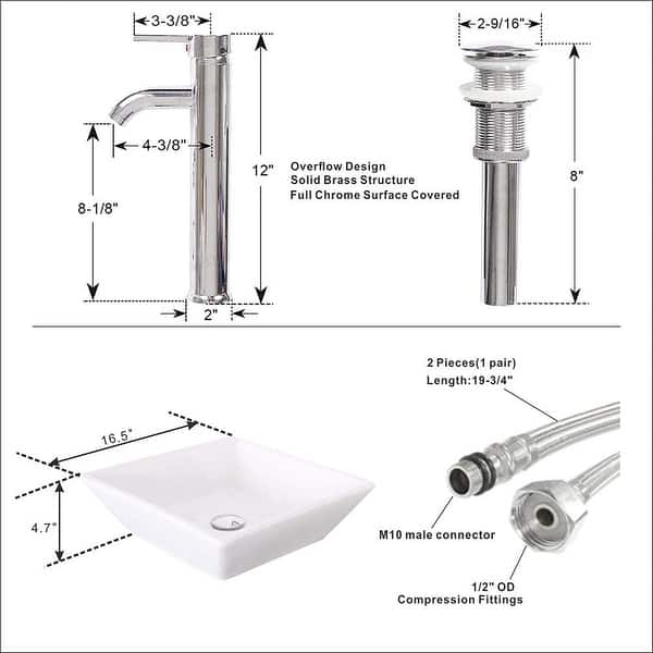 White Ceramic Square Vessel Bathroom Sink with Faucet and Drain and ...