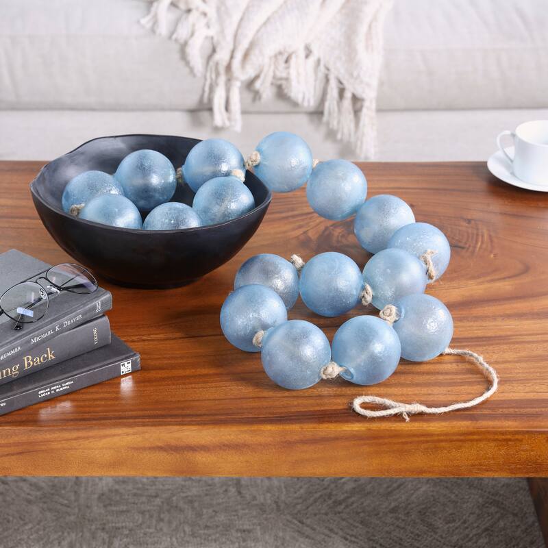 Blue Glass Handmade Round Extra Long Frosted Orb Beaded Garland With Tassel With Knotted Jute