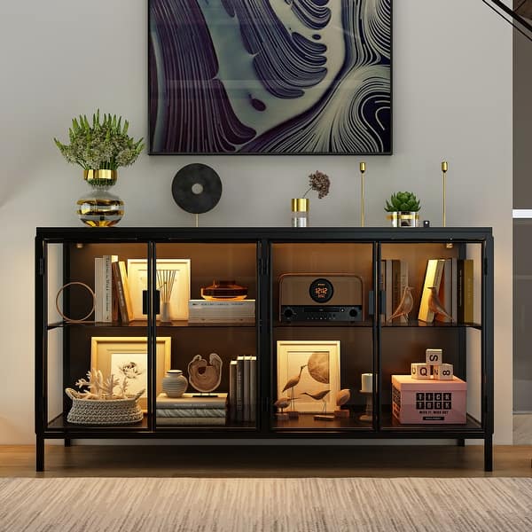 Black Metal & Glass Display Cabinet with LED Lights Accent Cabinet - 55 ...