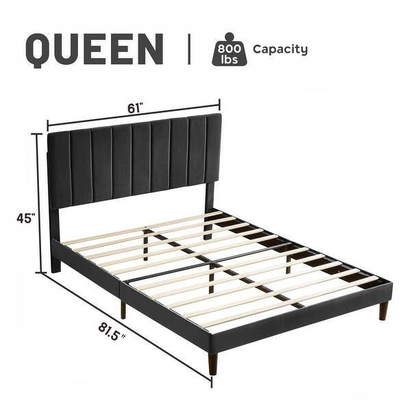 Black Queen Platform Bed Frame with Upholstered Headboard Slat Support ...