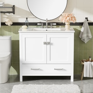 36" White Bathroom Vanity with Ceramic Sink, Soft-Close Doors, Double ...